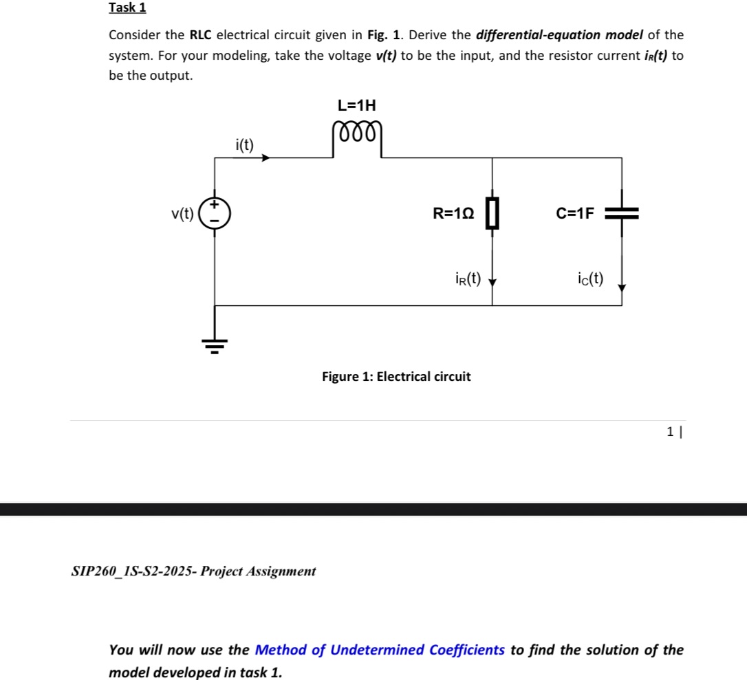 Task 1 Consider the RLC electrical circuit | StudyX