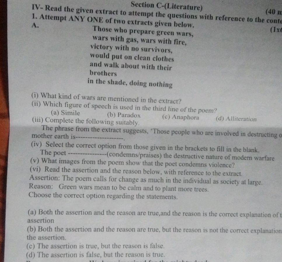 Section C-(Literature) IV- Read the given | StudyX