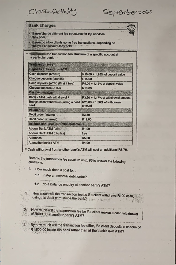 Class-Activity September 2025 Bank charges | StudyX