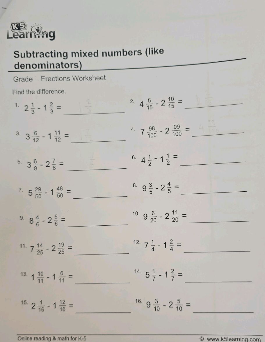 Subtracting mixed numbers (like | StudyX