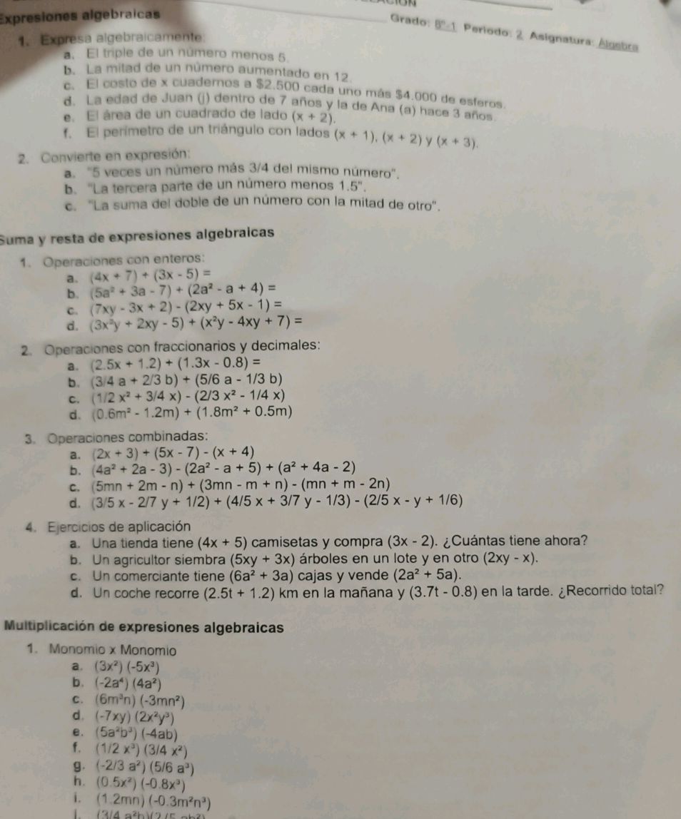 Expresiones algebraicas 1. Expresa | StudyX