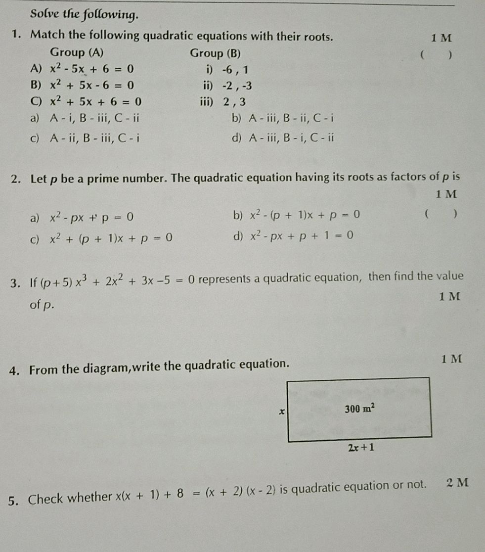 1. Match the following quadratic equations | StudyX