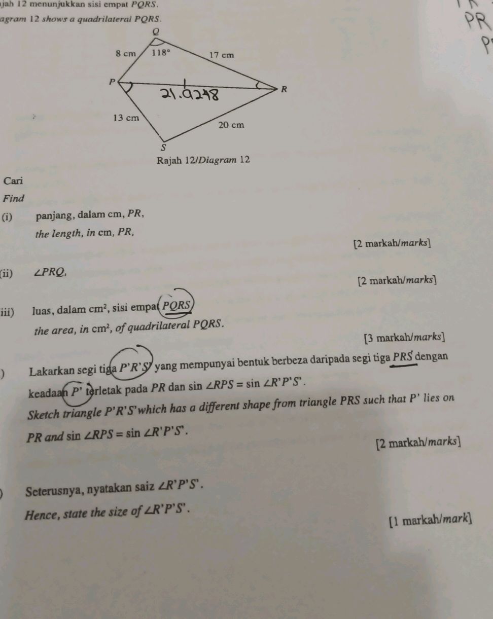 Rajah 12 menunjukkan sisi empat *PQRS*. | StudyX