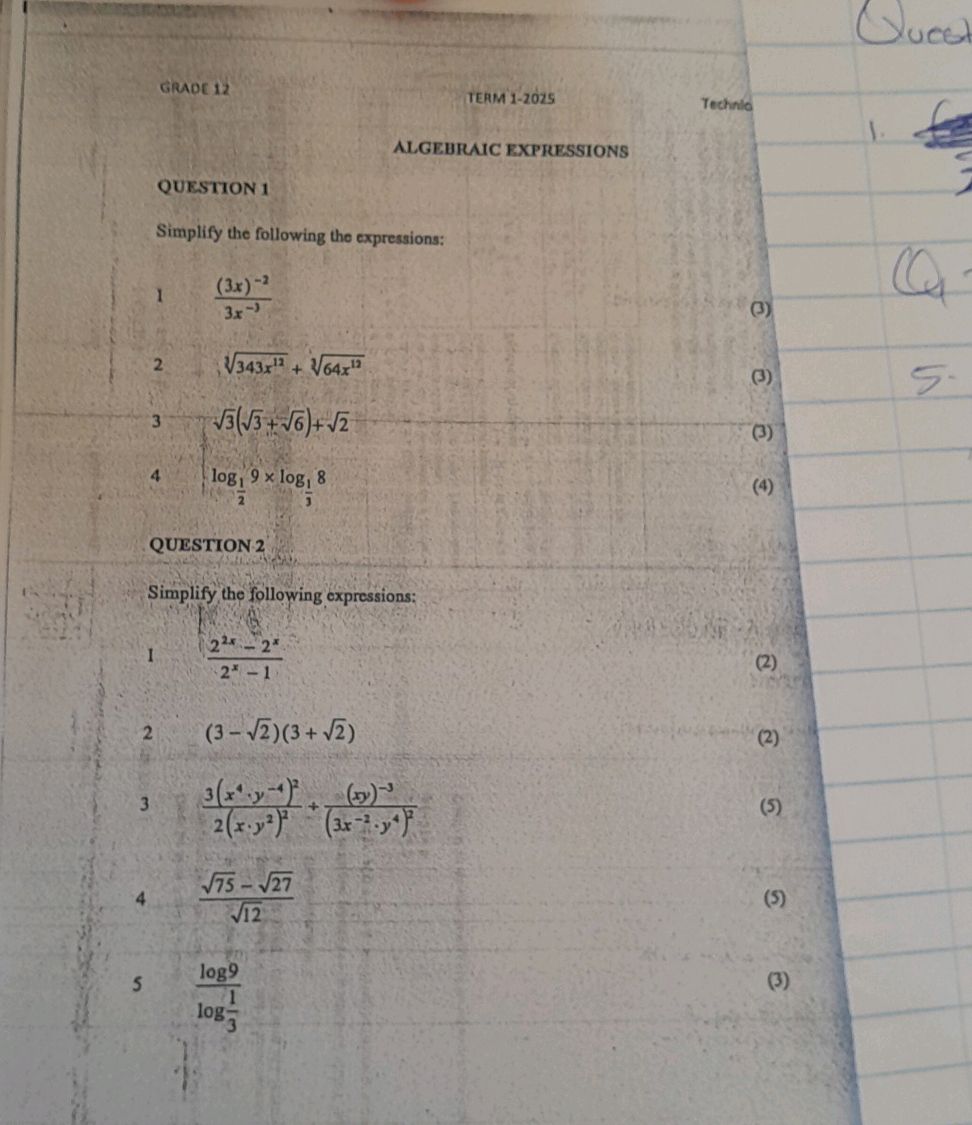 GRADE 12 TERM 1-2025 ALGEBRAIC EXPRESSIONS | StudyX