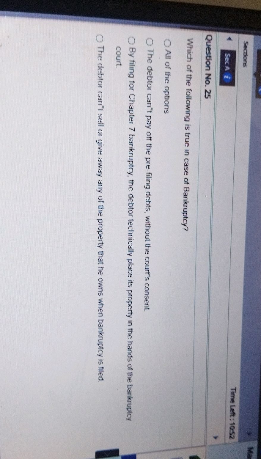 Sections $ {Sec} A$ i Time Left: 1052 | StudyX