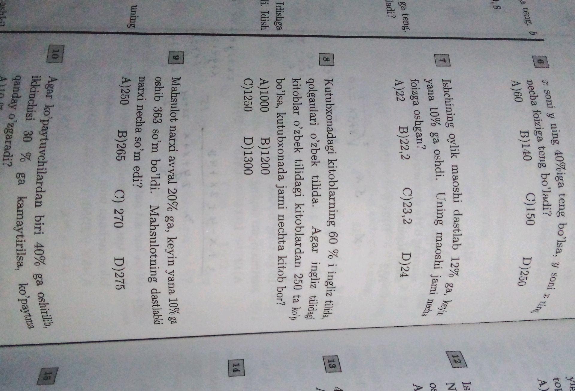 6 x soni y ning 40%iga teng bo'lsa, y soni x | StudyX