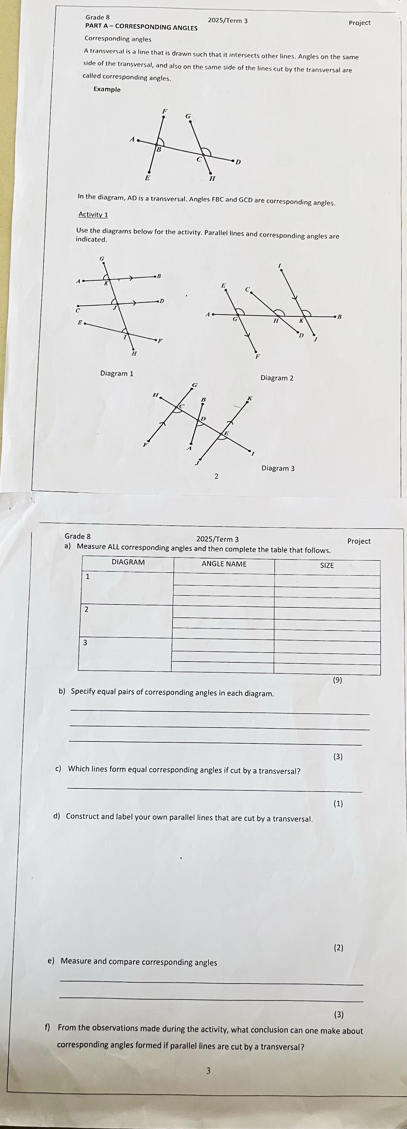 Grade 8 PART A – CORRESPONDING ANGLES | StudyX