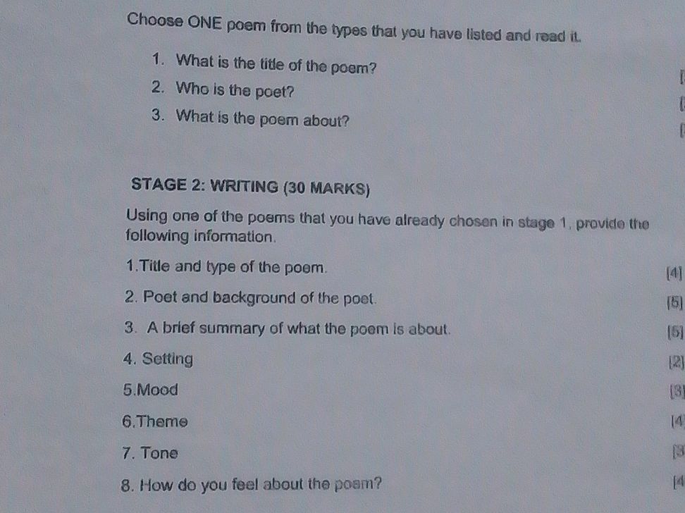 Choose ONE poem from the types that you have | StudyX