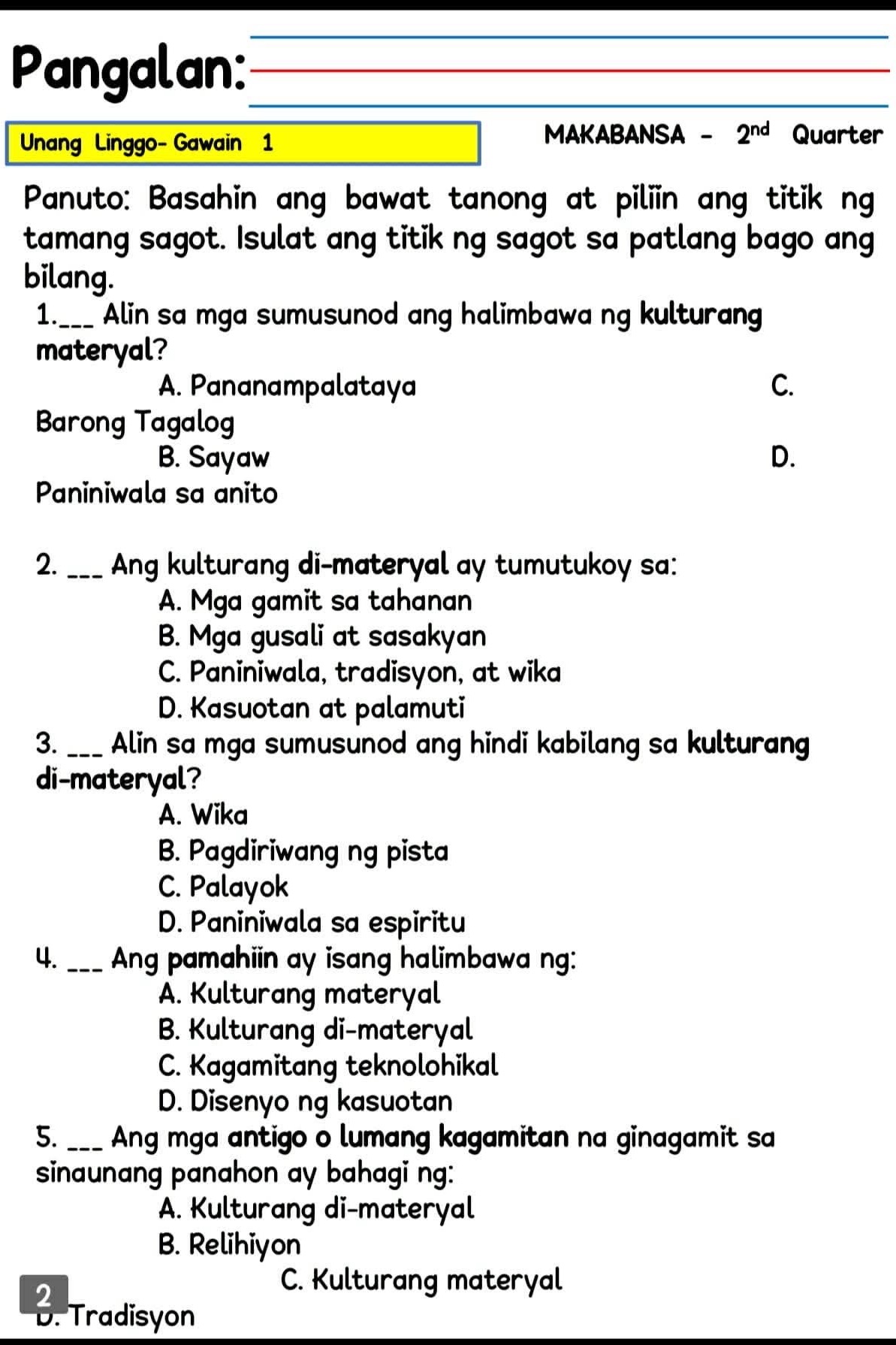 Pangalan: Unang Linggo- Gawain 1 MAKABANSA - | StudyX