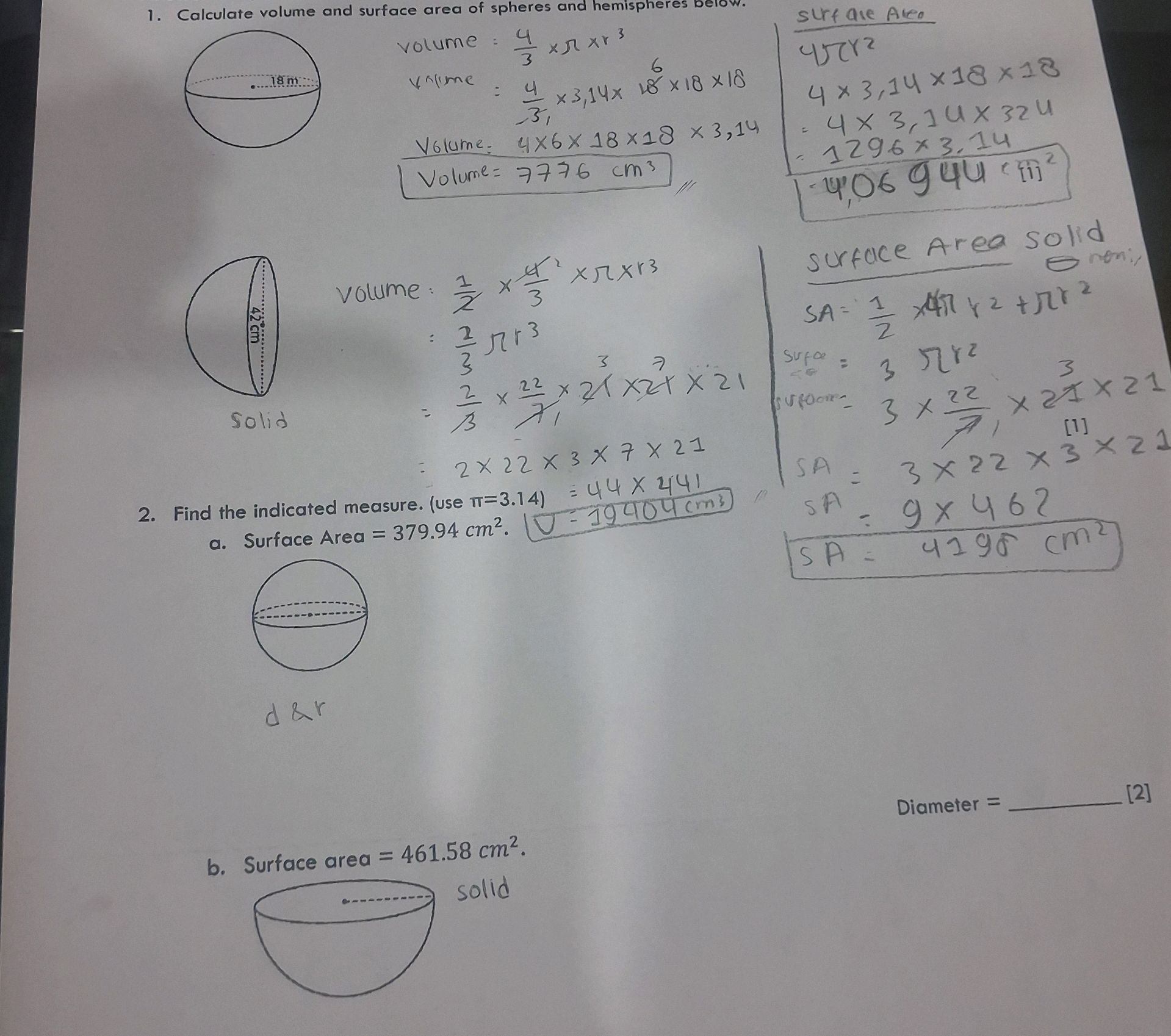 1. Calculate volume and surface area of | StudyX