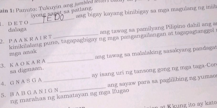 Panuto: Tukuyin ang jumbled letters batay sa | StudyX