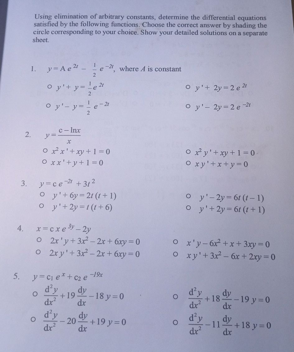 Using elimination of arbitrary constants, | StudyX