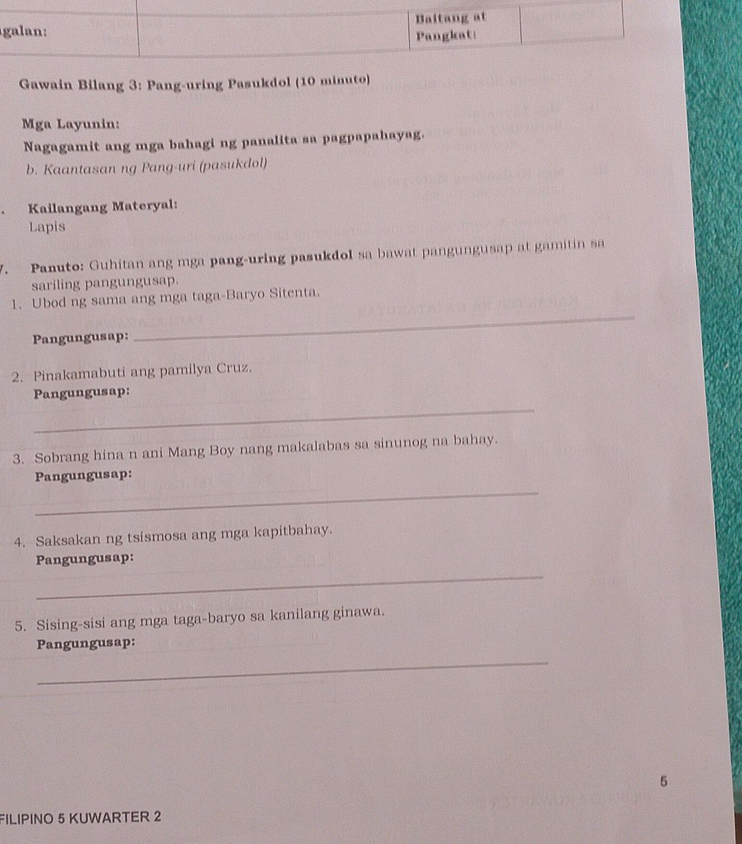 Gawain Bilang 3: Pang-uring Pasukdol (10 | StudyX