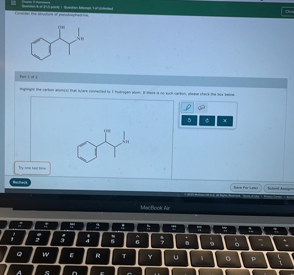 Consider the structure of pseudoephedrine.