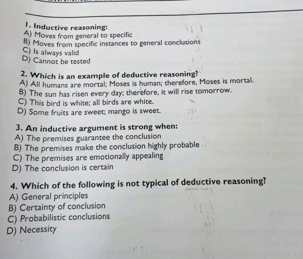 1. Inductive reasoning: A) Moves from | StudyX
