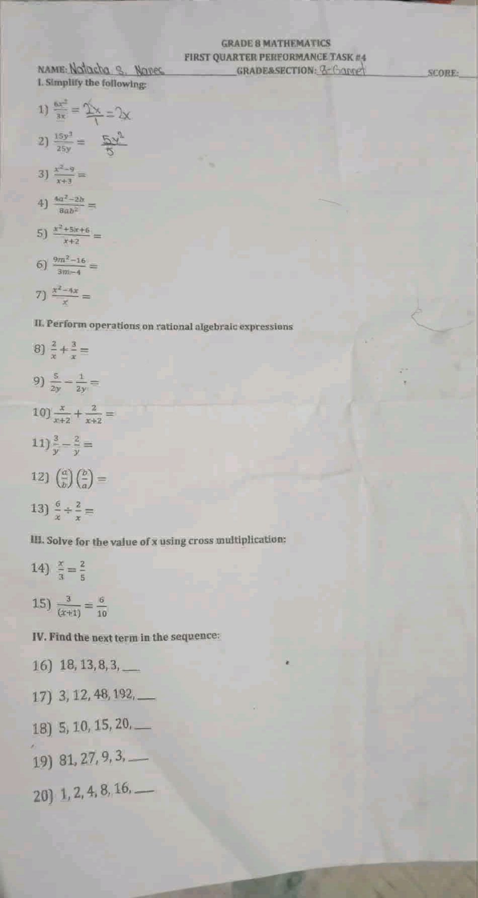 GRADE 8 MATHEMATICS FIRST QUARTER | StudyX
