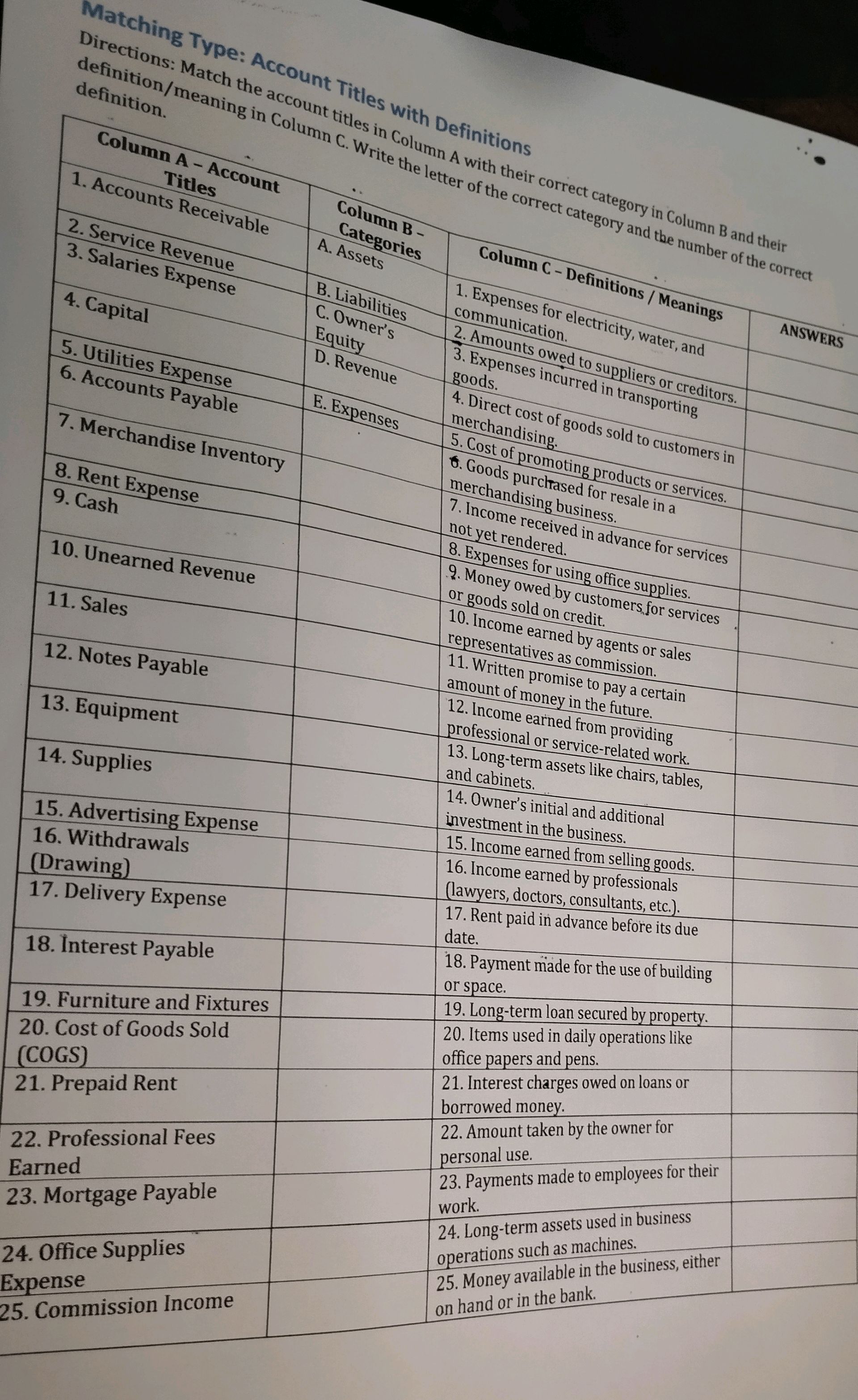 Matching Type: Account Titles with | StudyX