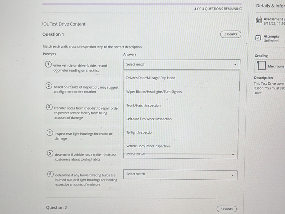 IOL Test Drive Content Question 1 Match each
