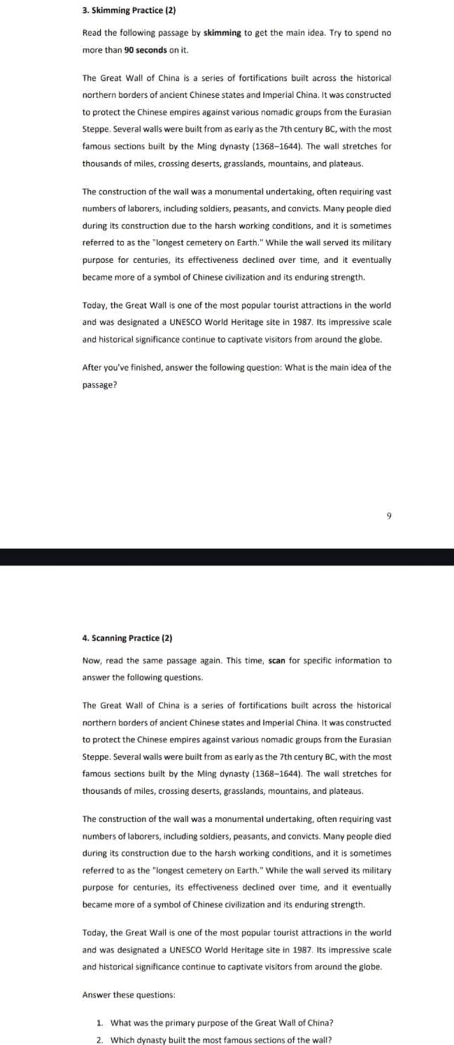 3. Skimming Practice (2) Read the following | StudyX