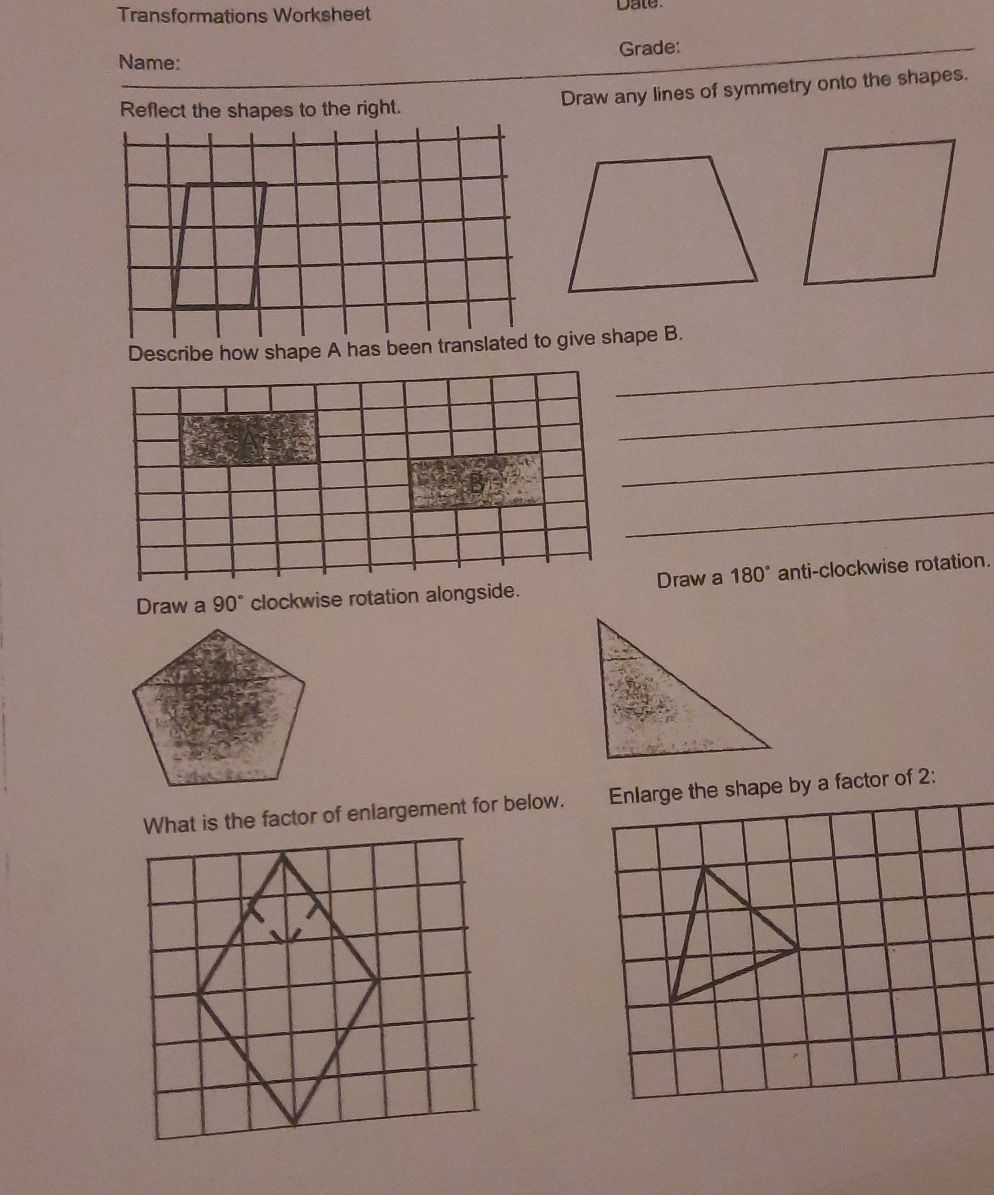 Transformations Worksheet Name: Grade: | StudyX