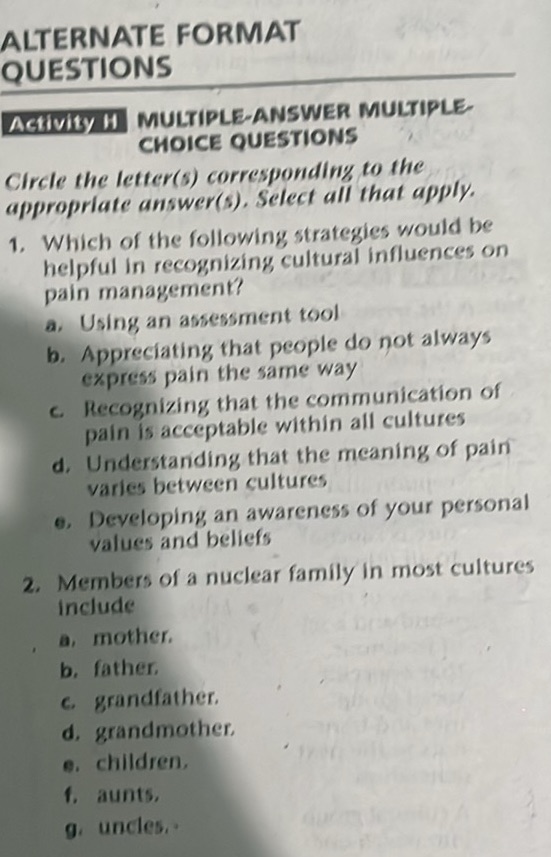 ALTERNATE FORMAT QUESTIONS Activity H | StudyX