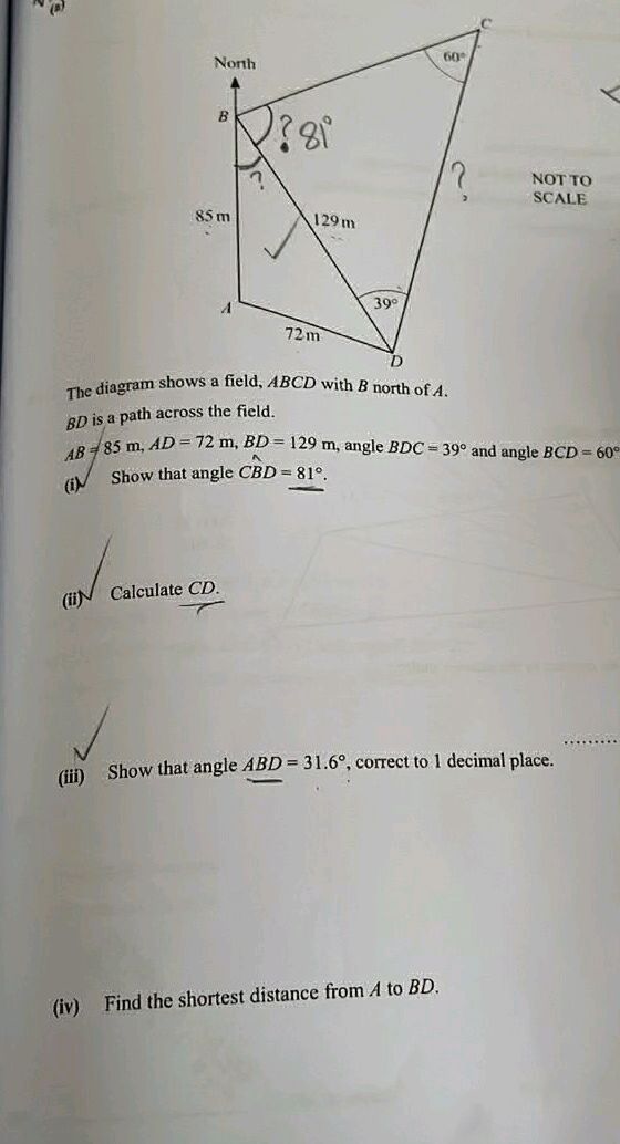 The diagram shows a field, ABCD with B north