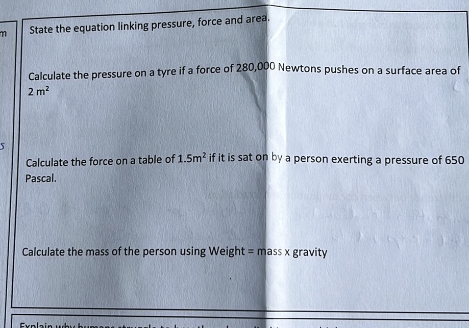 State the equation linking pressure, force | StudyX