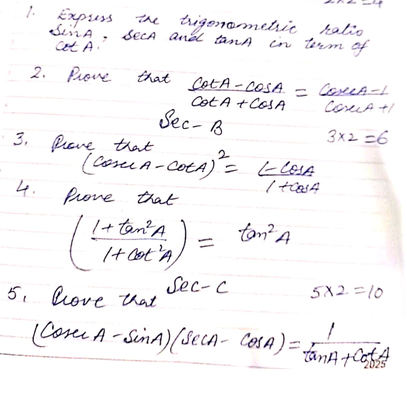 1. Express the trigonometric ratio $ A$, | StudyX