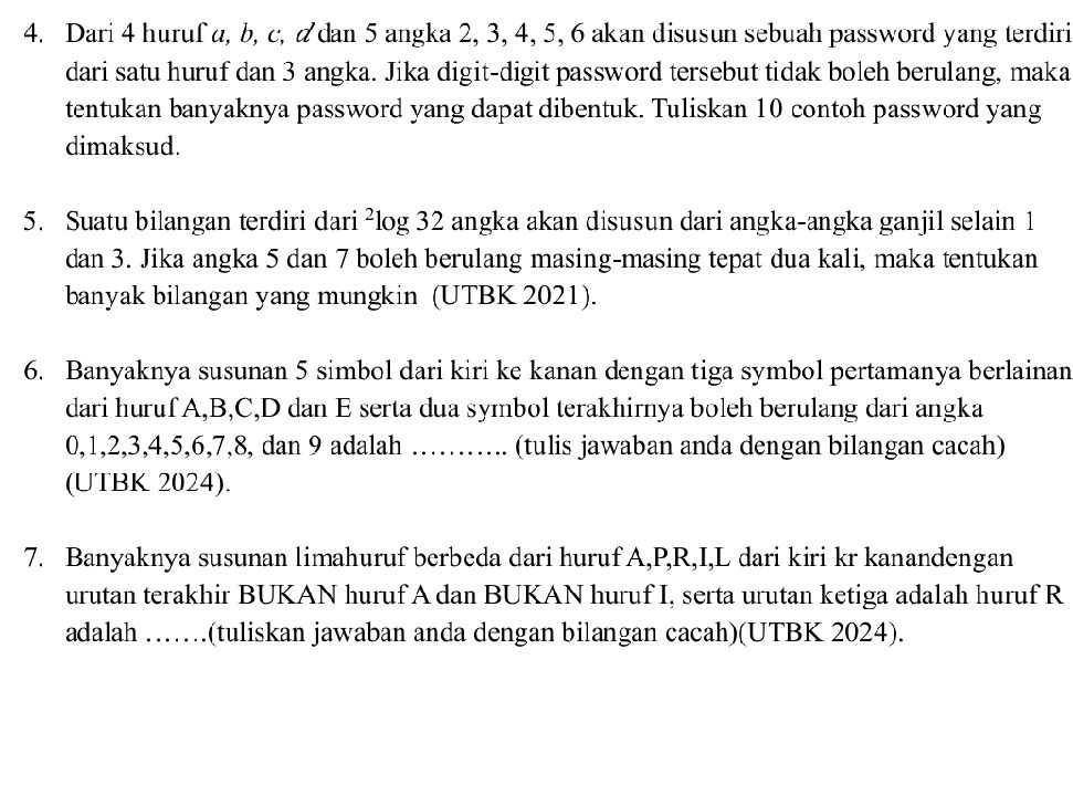 4. Dari 4 huruf $a, b, c, d$ dan 5 angka | StudyX