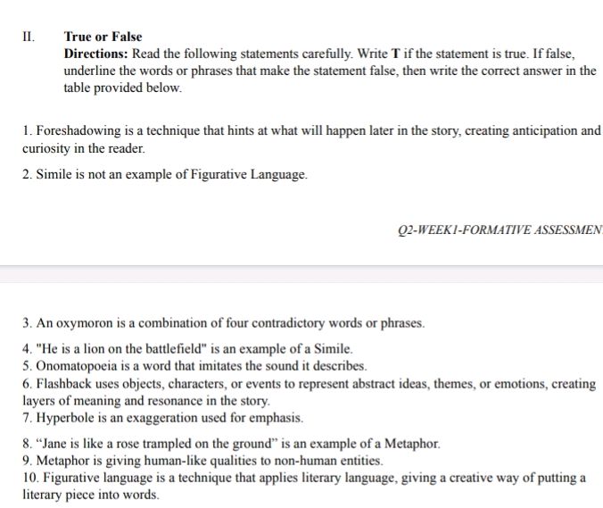 II. True or False Directions: Read the | StudyX