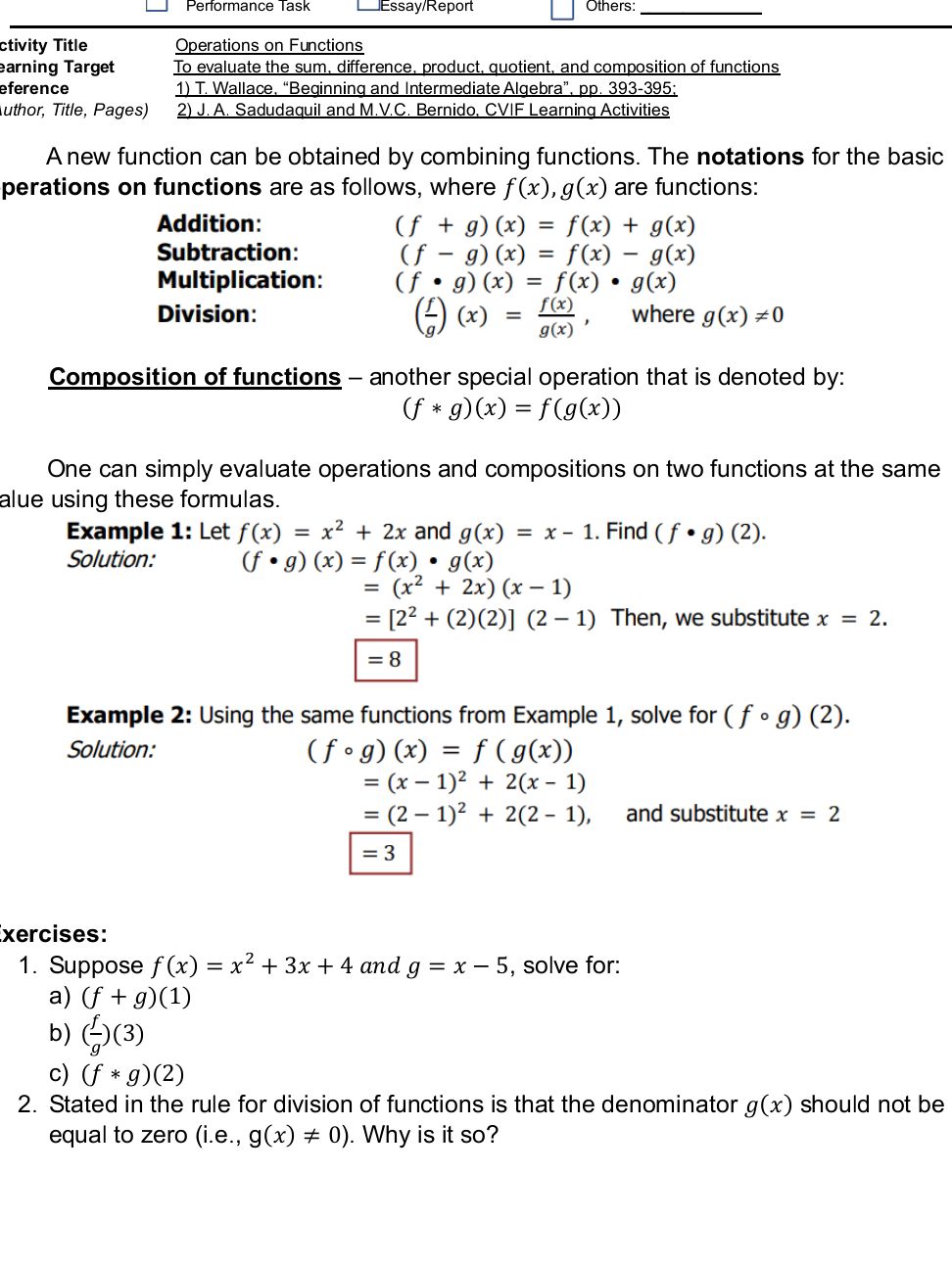 Operations on Functions To evaluate the sum, | StudyX