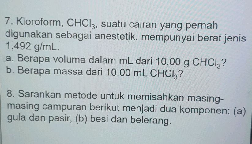 7. Kloroform, $ {CHCl}_{3}$, suatu cairan | StudyX