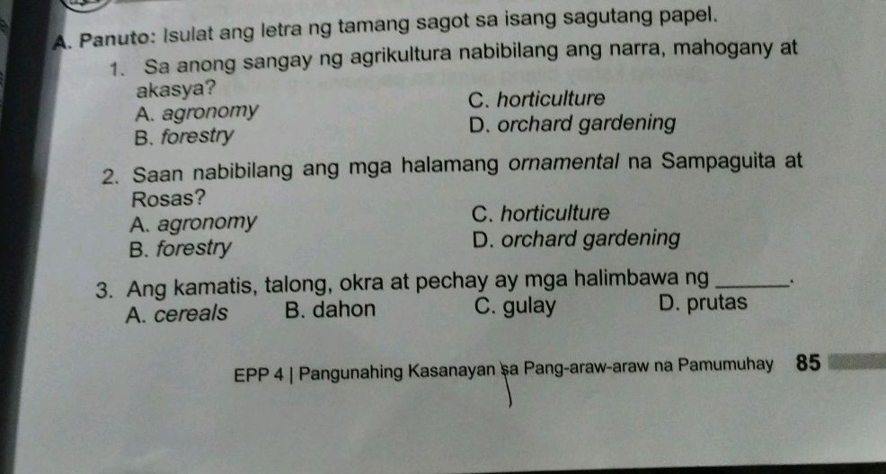 A. Panuto: Isulat ang letra ng tamang sagot | StudyX