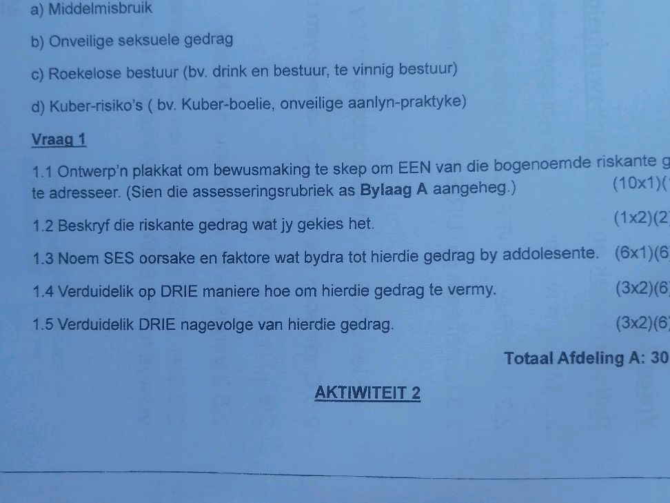 a) Middelmisbruik b) Onveilige seksuele | StudyX