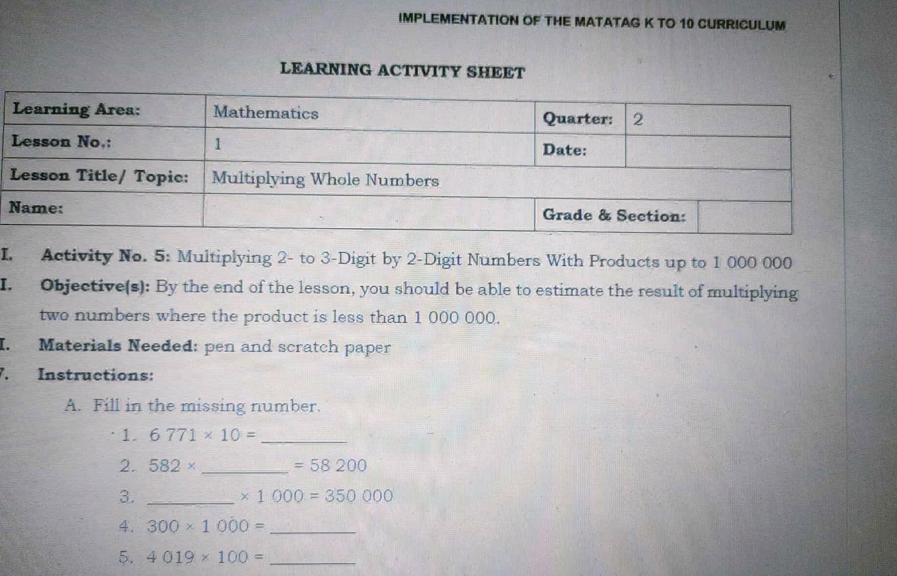 Learning Area: Mathematics Lesson No.: 1 | StudyX