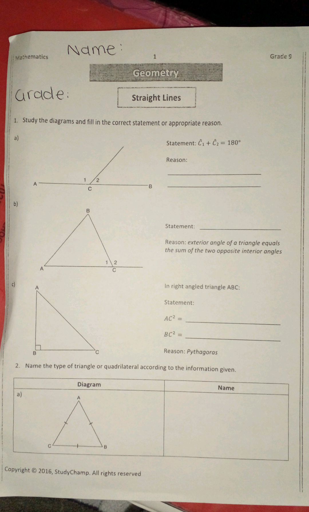 Name: Mathematics 1 Geometry Grade: Straight | StudyX