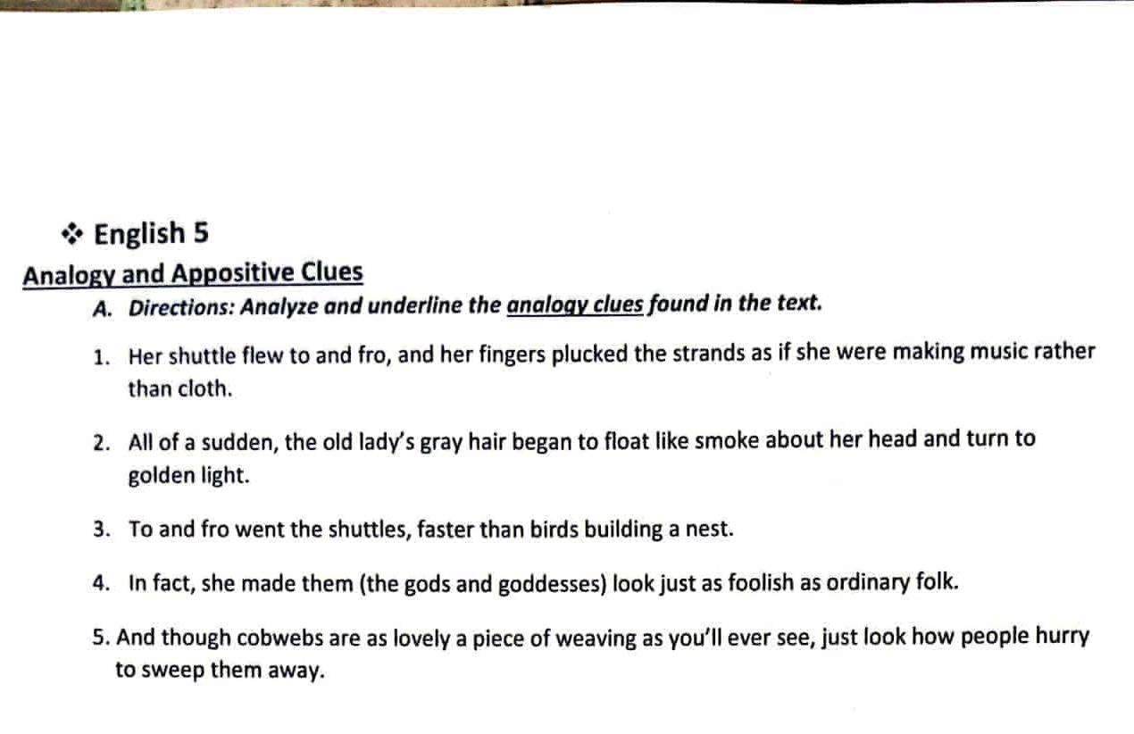 English 5 Analogy and Appositive Clues A. | StudyX