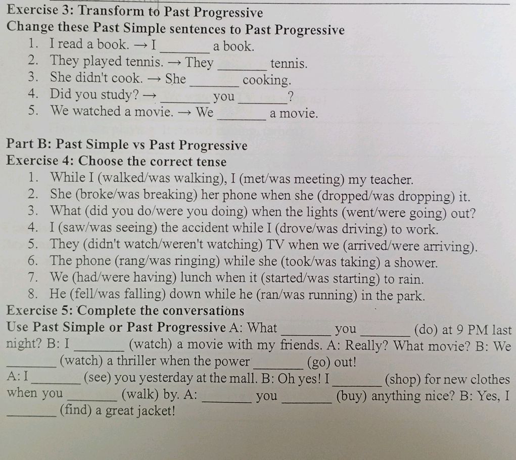 Exercise 3: Transform to Past Progressive | StudyX