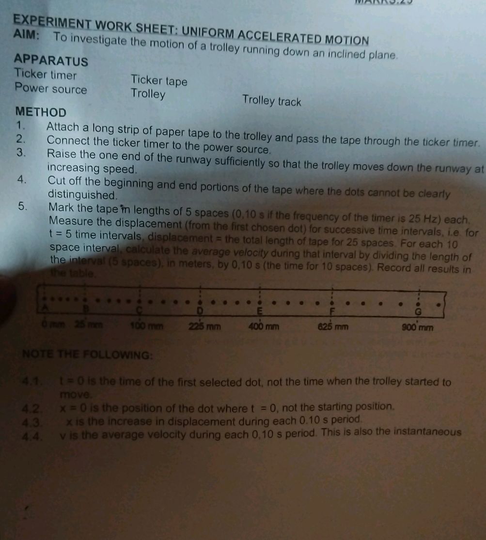 EXPERIMENT WORK SHEET: UNIFORM ACCELERATED | StudyX