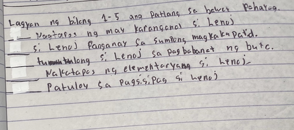 Lagyan ng bilang 1-5 ang Patlang sa bawat | StudyX