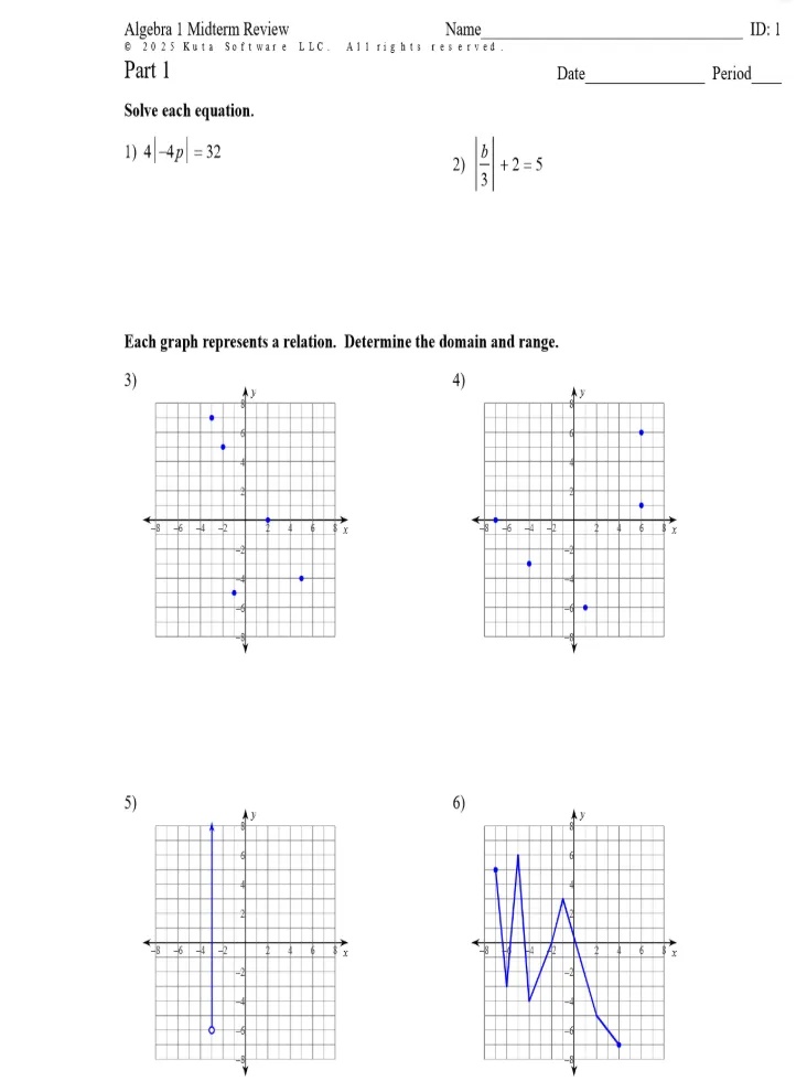 Algebra 1 Midterm Review Part 1 Solve each | StudyX