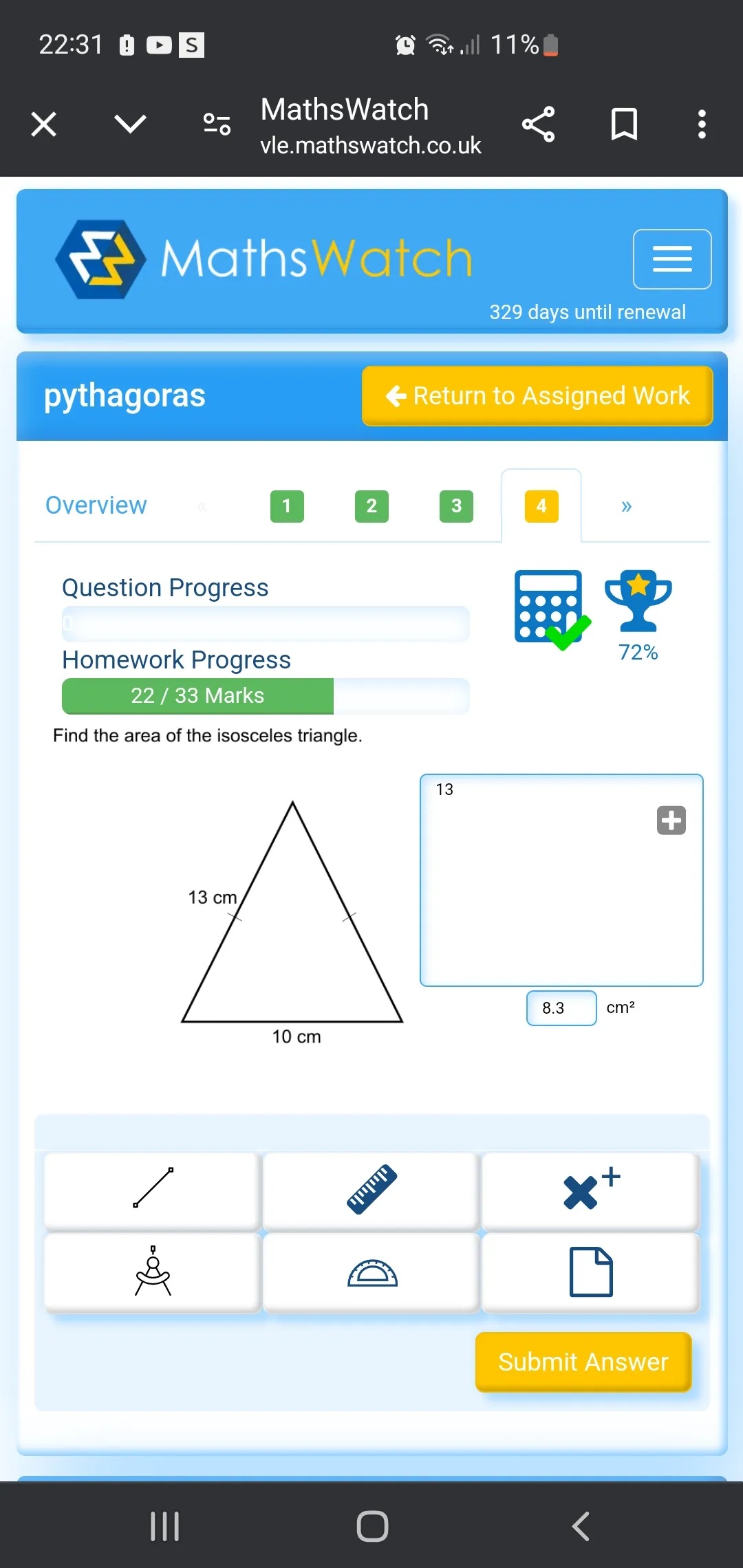 Find the area of the isosceles triangle | StudyX
