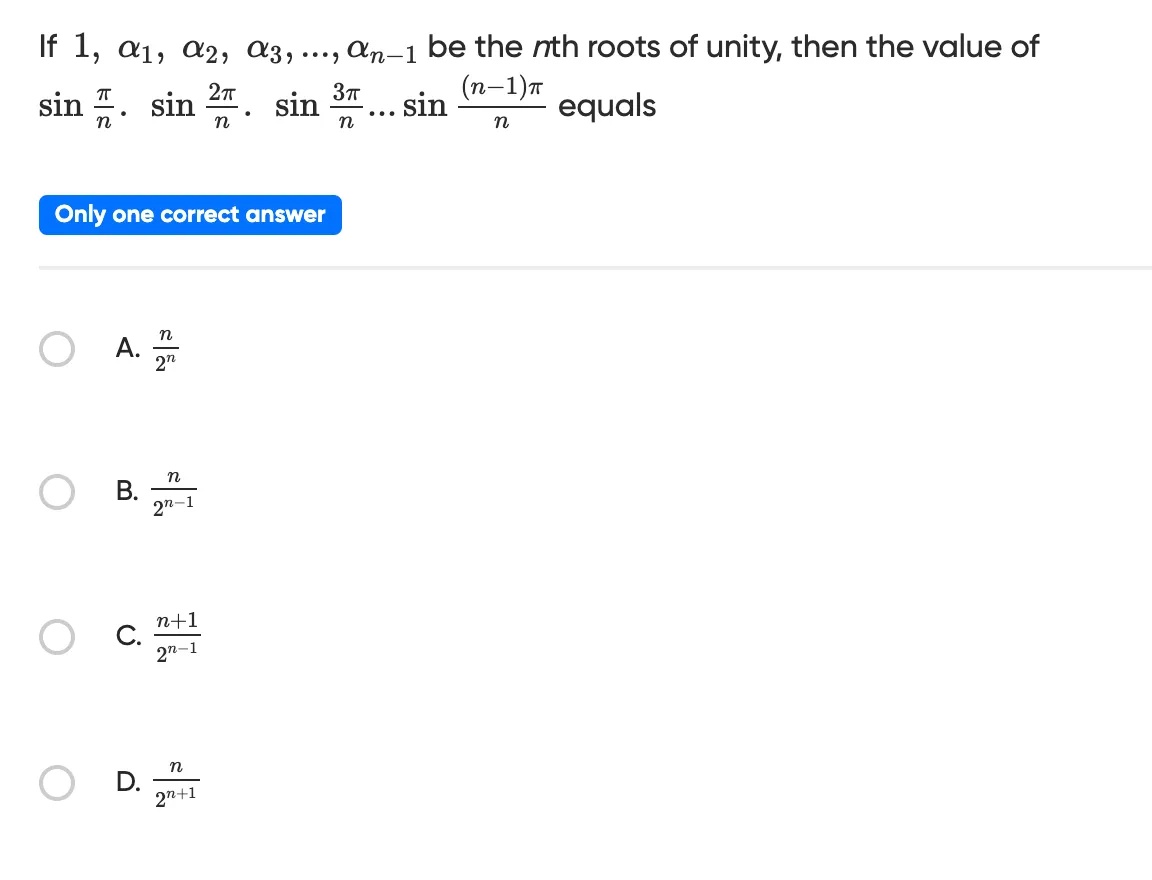 If 1 1 2 3 n-1 be the nth roots of | StudyX