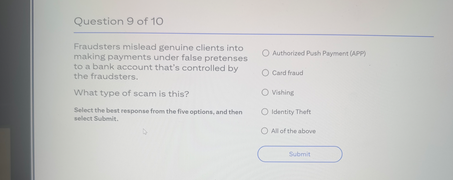 Question 9 of 10 Fraudsters mislead genuine | StudyX