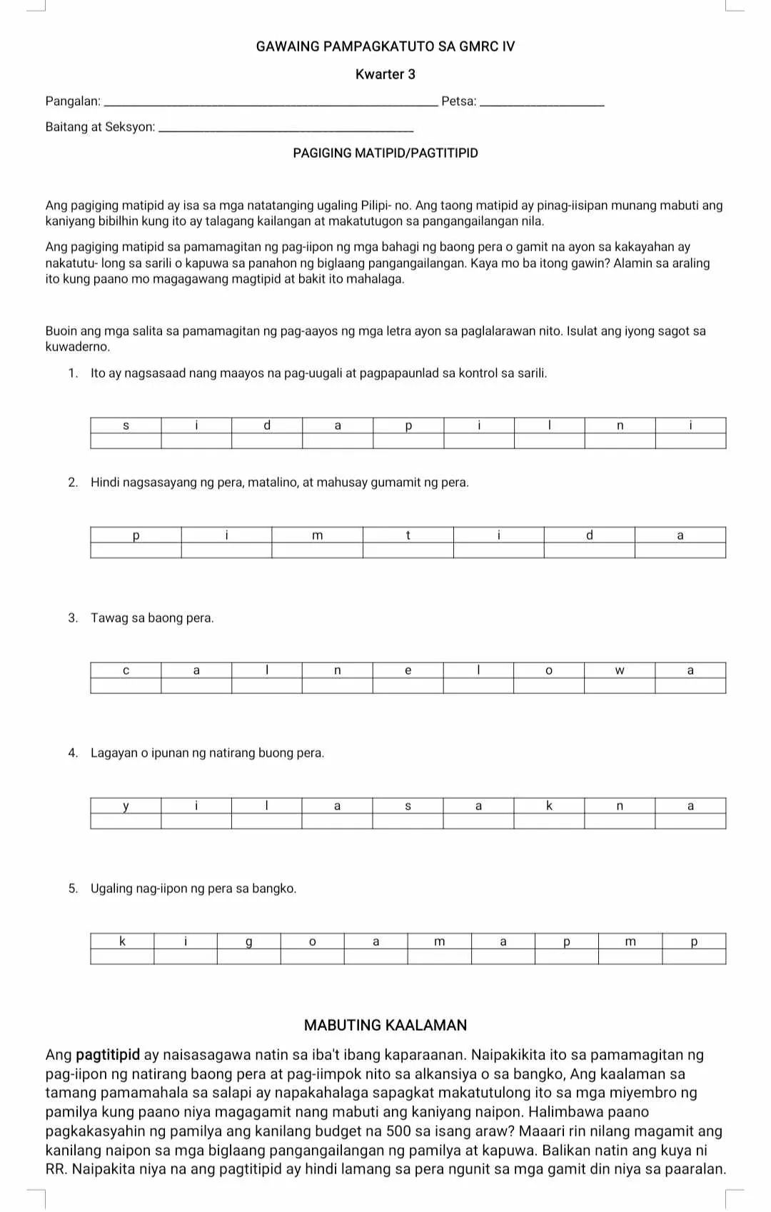 Pangalan Baitang at Seksyon GAWAING | StudyX