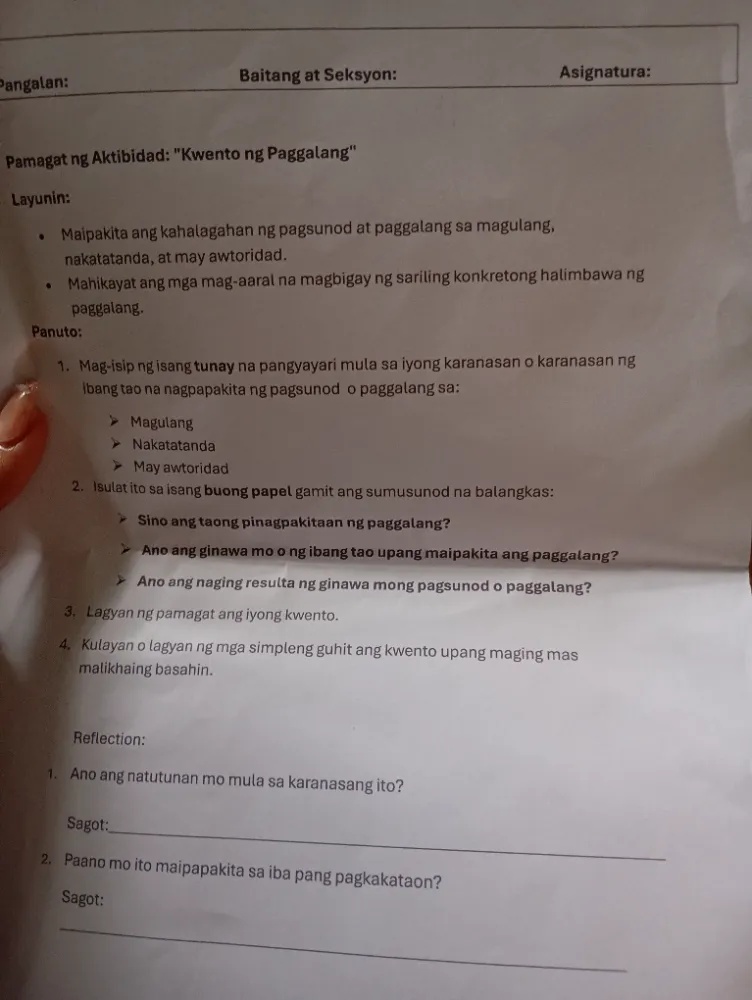 Pamagat ng Aktibidad Kwento ng Paggalang | StudyX