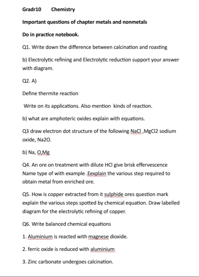 Gradr10 Chemistry Important questions of