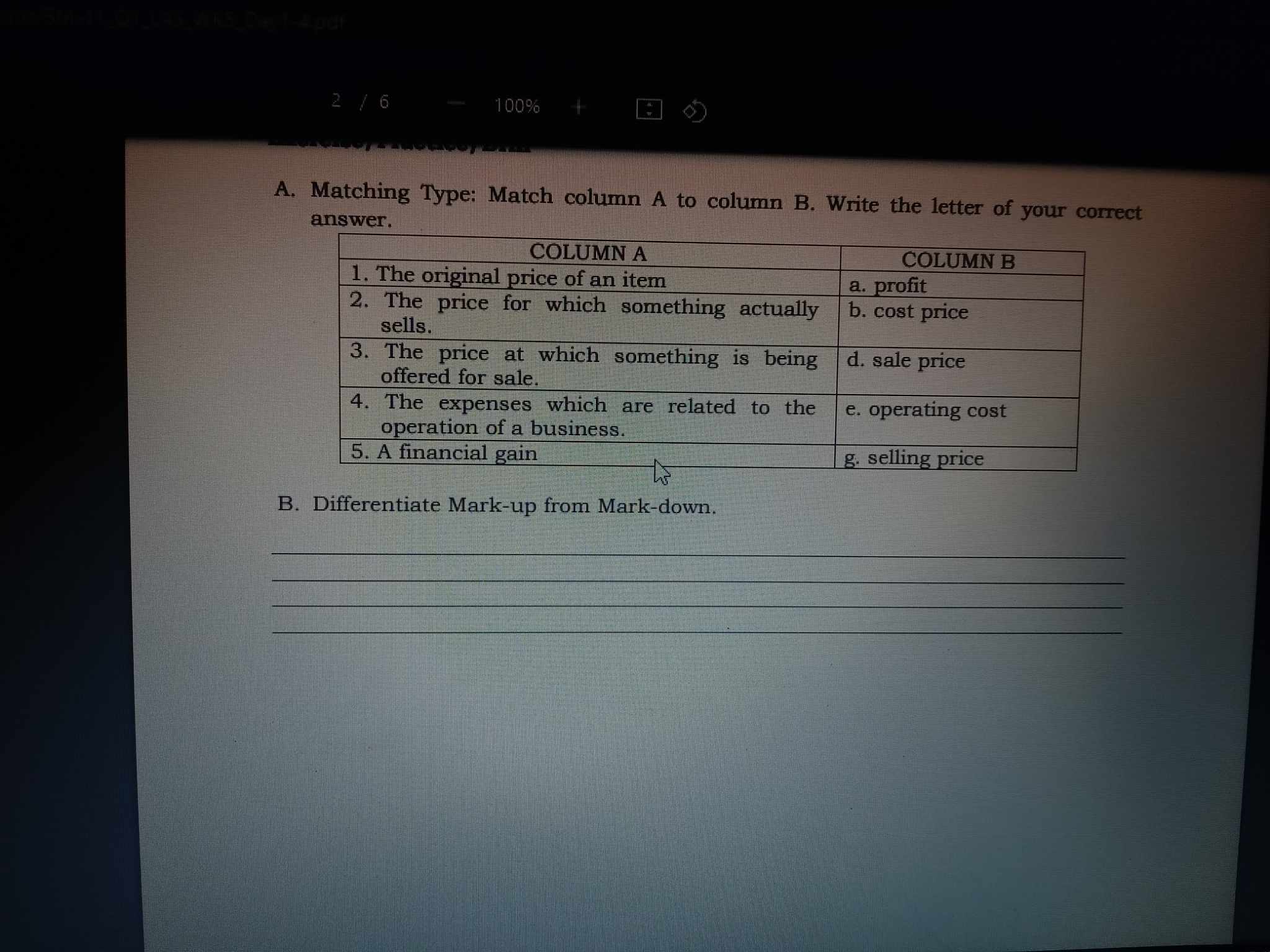 A Matching Type Match column A to column B | StudyX