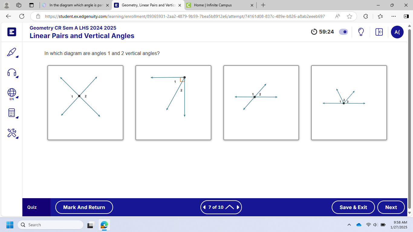 In which diagram are angles 1 and 2 vertical | StudyX