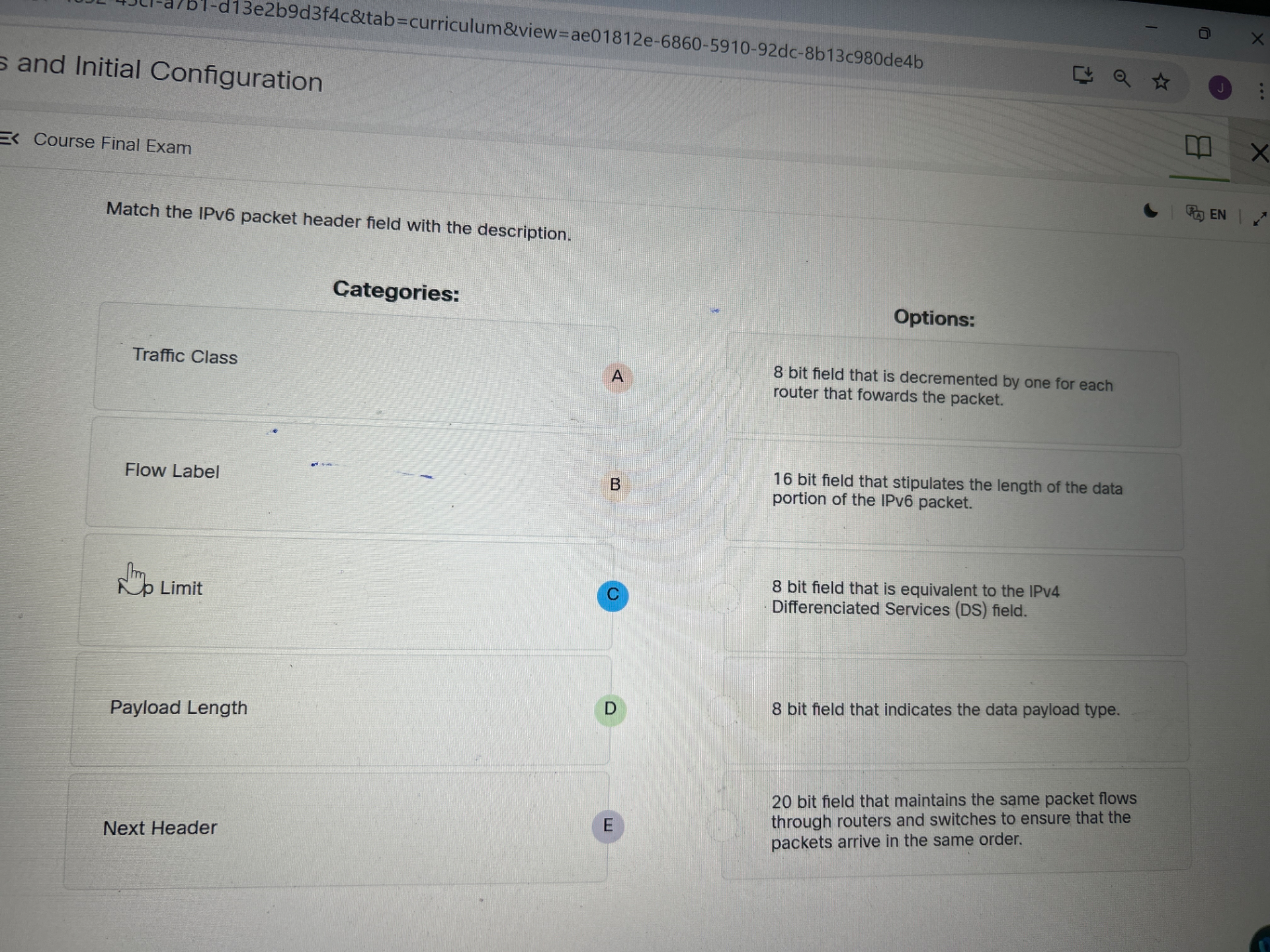 Match the IPv6 packet header field with the